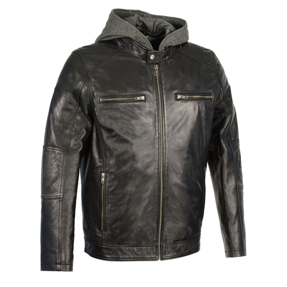 Shop Snap Collar Removable Hoodie Leather Motorcycle Jacket | Mr-Styles